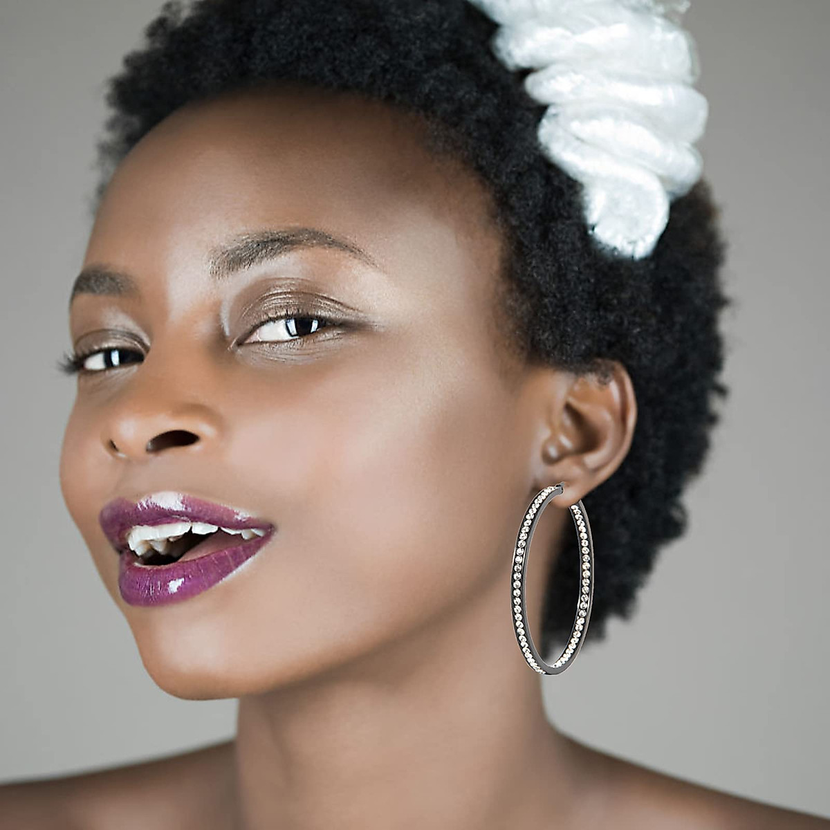 2 Inch Black Large Hoop Earrings for Women Stainless Steel Hypoallergenic Big Hoop Earrings White Cubic Zircon Hoops Rhinestone Crystal Earrings for Sensitive Ears 50mm