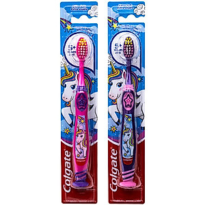 Colgate Kids Unicorn Toothbrush, with Suction Cup for Children 5+ Years Old, Extra Soft (Colors Vary) - Pack of 2