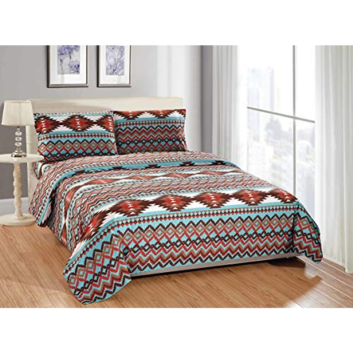 Rugs 4 Less Rustic Southwestern Western Bedsheets Set with Navajo Tribal Native American Patterns in Turquoise Blue and Brown – Utah Bed Sheet Set (King, Turquoise)