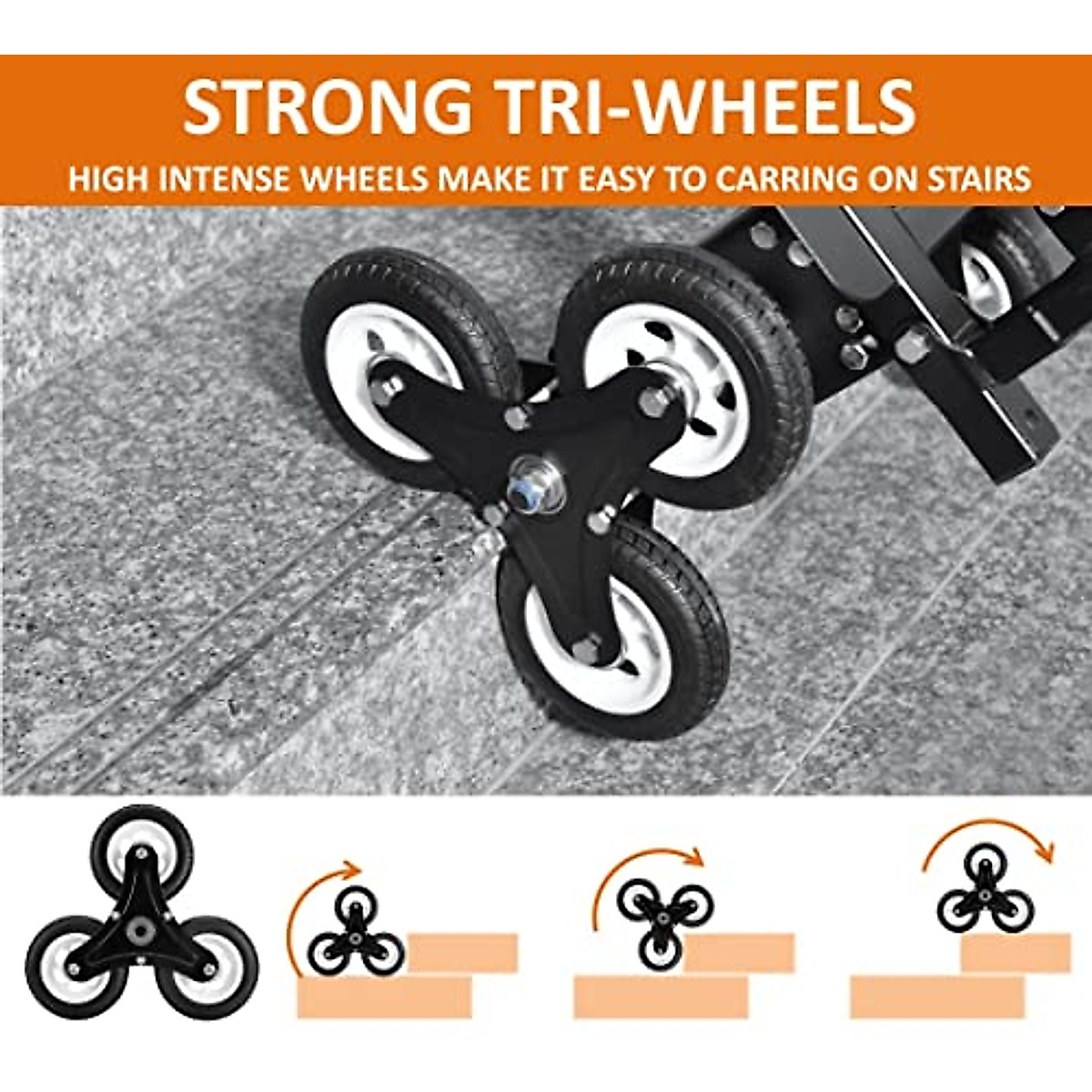 Mecete Hand Truck Dolly – Stair Climbing Cart, Stair Climber Cart 460 Lb Capacity All Terrain Stair Dolly Heavy Duty with Telescoping Handle and 6 Wheels (Black) Hand Truck 2 Climbing Ropes