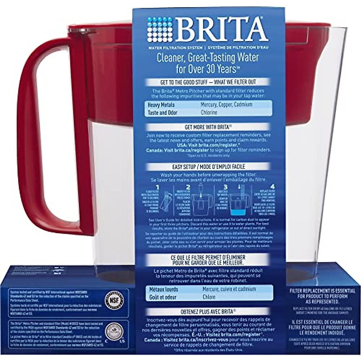 Brita Water Filter Pitcher for Tap and Drinking Water with 1 Standard Filter, Lasts 2 Months, 6-Cup Capacity, Christmas Gift for Men and Women, BPA Free, Red