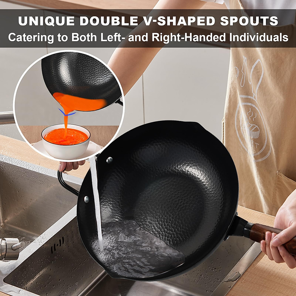 FNT Carbon Steel Wok Pan with Double Spouts, Woks & Stir-Fry Pans Nonstick with Wooden and Steel Helper Handle 11.8 Inches(Flat Bottom)