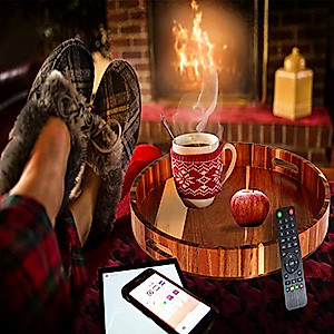 WONFUlity Round Wooden Trays for Coffee Table，Leak-Proof Ottoman Tray Acacia Wood Tray, Serving Tray with Handles Food Serving Trays Ottoman Tray for Living Room 16.34 Inch