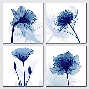 Pyradecor Blue Flickering Flower Modern Abstract Paintings Canvas Wall Art Gallery Wrapped Grace Floral Pictures on Canvas Prints 4 Panels Artwork for Living Room Bedroom Office Home Decorations