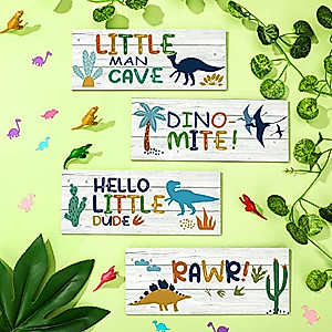 4 Pcs Dinosaur Room Bedroom Decor Boys Dinosaur Wall Decor, Motivational Quote Wood Dinosaur Decorations Hanging Sign Prints Plaques for Boy Kids Nursery Playroom (Simple Style)