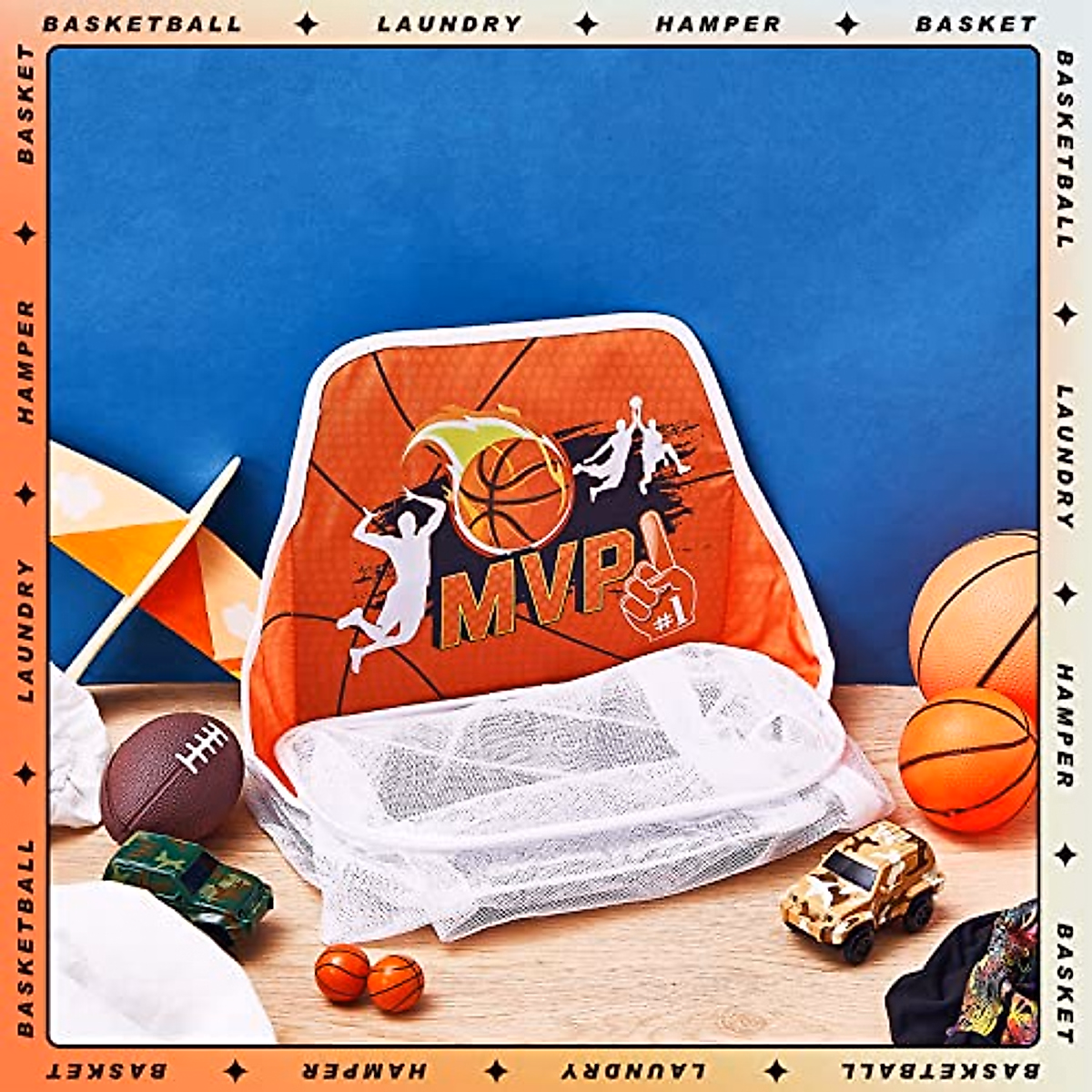 Basketball Laundry Hamper Over the Door Space Saving Hanging Mesh Laundry Basketball Hoop with Metal Hooks Laundry Hamper Basket For Kids Boys Girl Fun Birthday Gift Room Decor Collapsible