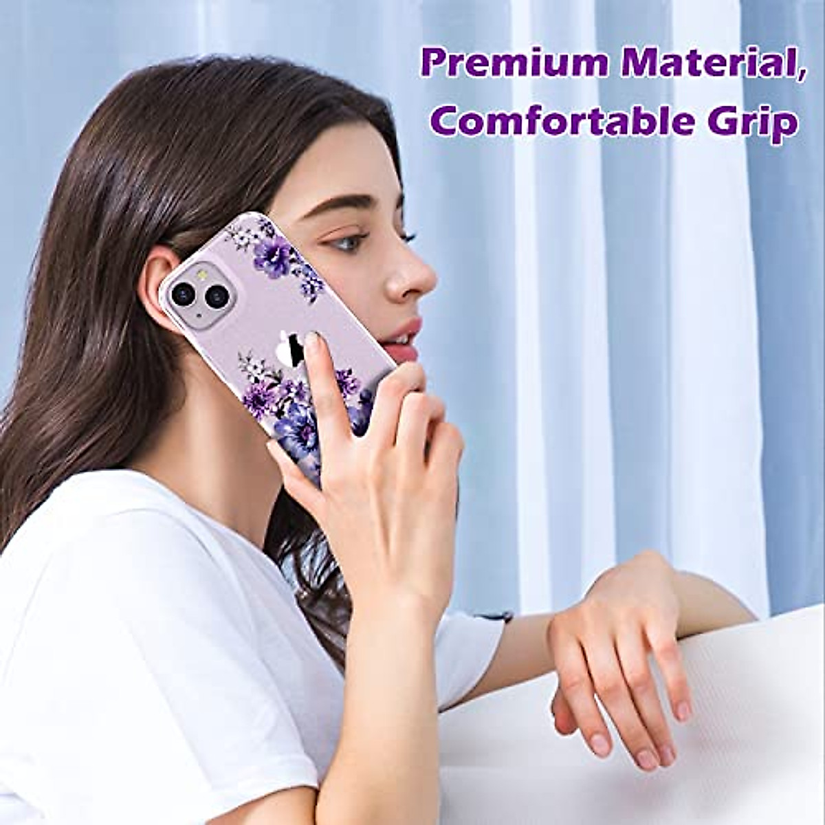 OKP iPhone 14 Plus Clear Glitter Floral Case (6.7" 2022) for Women & Girls - Slim Purple Bumper with Screen & Camera Lens Protectors