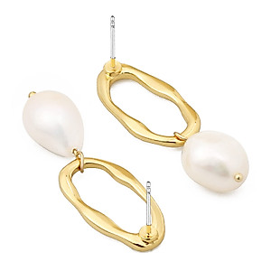 SPECCI 18K Gold Plated Pearl Dangle Earrings, Baroque Pearl Drop Earrings, Trendy Pearl Dangle Hoop Earrings for Women Girls