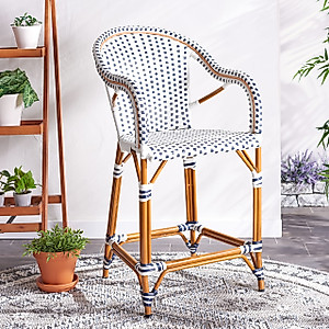 SAFAVIEH Outdoor Collection California White/Navy Bistro Woven Counter Stool with Arms (Fully Assembled)