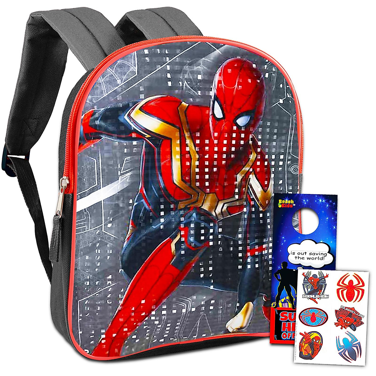 Spiderman Backpack for Kids - Bundle with Spiderman 15 Inch Backpack Plus Temporary Tattoos and More (Boys School Supplies Set)