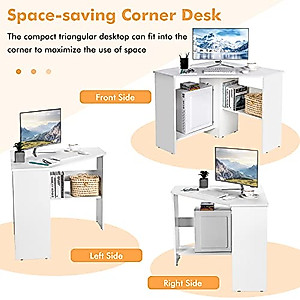 COSTWAY Corner Computer Desk, Space-Saving Triangular Writing Desk w/ 2 Storage Shelves & 2 Cable Holes, Multi-Functional Console Table for Small Space in Home Office, Living Room, Bedroom (White)
