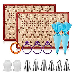 Silicone Baking Mat Macaron Mat Kit(16pcs set) Macaroon Baking Mat Set of 2 Half Sheet Macaron Silicone Mat Nonstick Macaron Mat Sheet,6 Piping Tip,2 Piping Bag with 3 Bag Tie,2 coupler (11.6"x16.5")