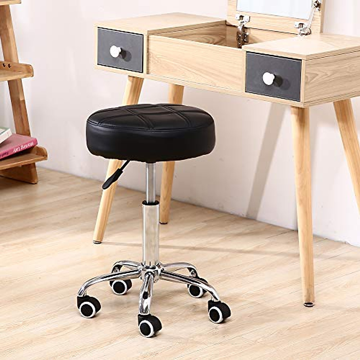 KKTONER Round Rolling Stool Chair PU Leather Height Adjustable Shop Stool Swivel Drafting Work SPA Salon Stools with Wheels Office Chair (Black)