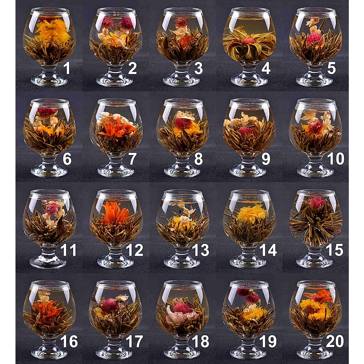 Prettyard Organic Variety Flavors Blooming Tea Flowers, Chinese Artistic Flowering Natural Green Tea Ball Gift Set + Edible Flowers - 20PC/Set = (20 Different Flavors)-Gift For Tea Lovers