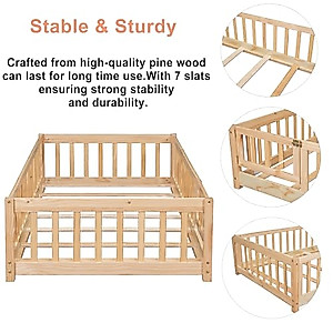 Bellemave Full Size Floor Bed with Door and Fence for Kids, Montessori Floor Bed with Slats and Safety Guardrails,Solid Wood Full Bed Frame for Girls Boys(Full,Natural)