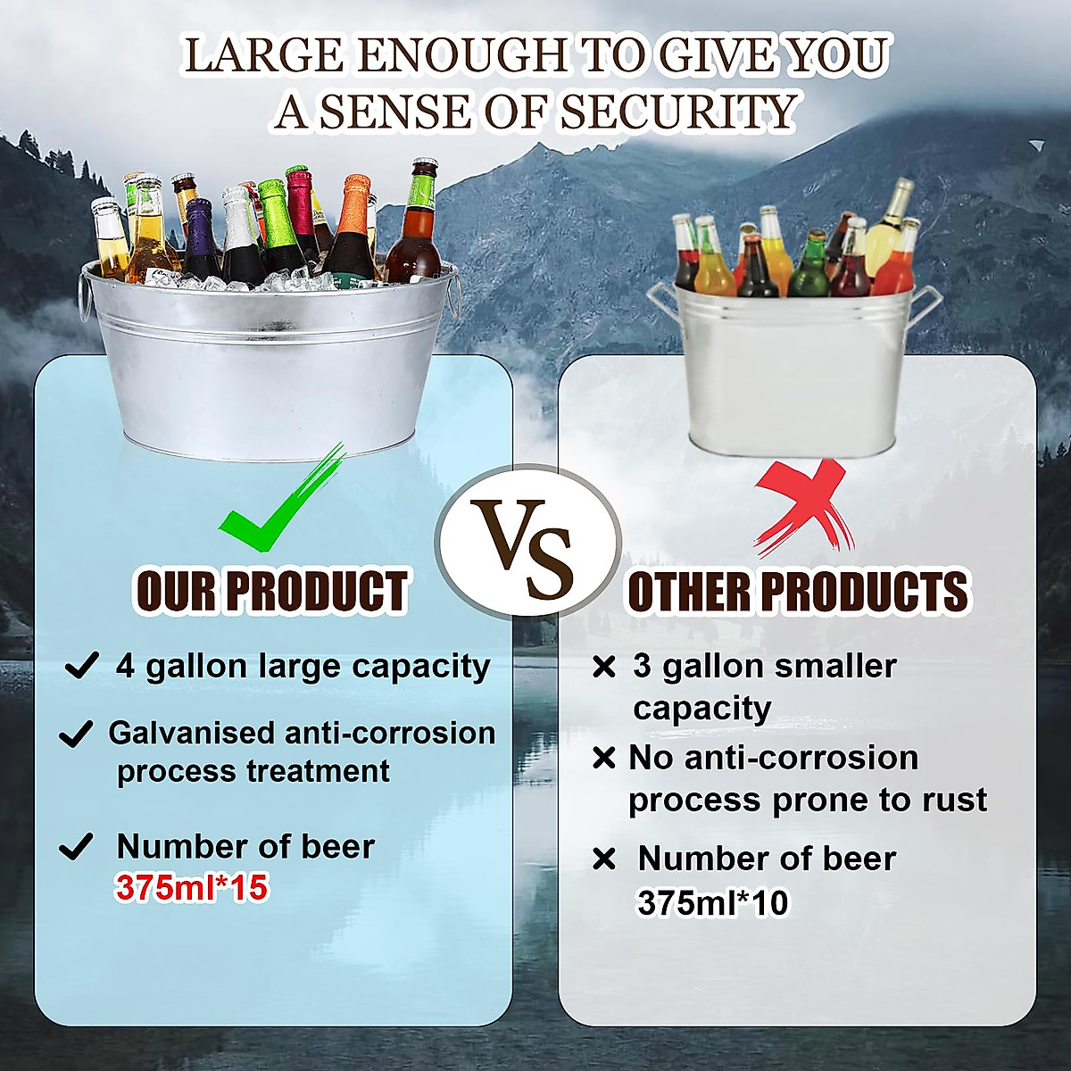 Ice Bucket, Oval Beverage Tub, Galvanized Bucket and drink Cooler for Parties, Ice Tub with Handles for Beer Sparkling Whisky Wine Cocktails (3.5gal) (Galvanized)