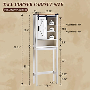 LUXOAK Farmhouse Over Toilet Cabinet, 68" Tall Toilet Organizer Stand with Sliding Barn Door & Adjustable Shelf, Above Toilet Storage for Bathroom, Laundry Room, Rustic Oak & White