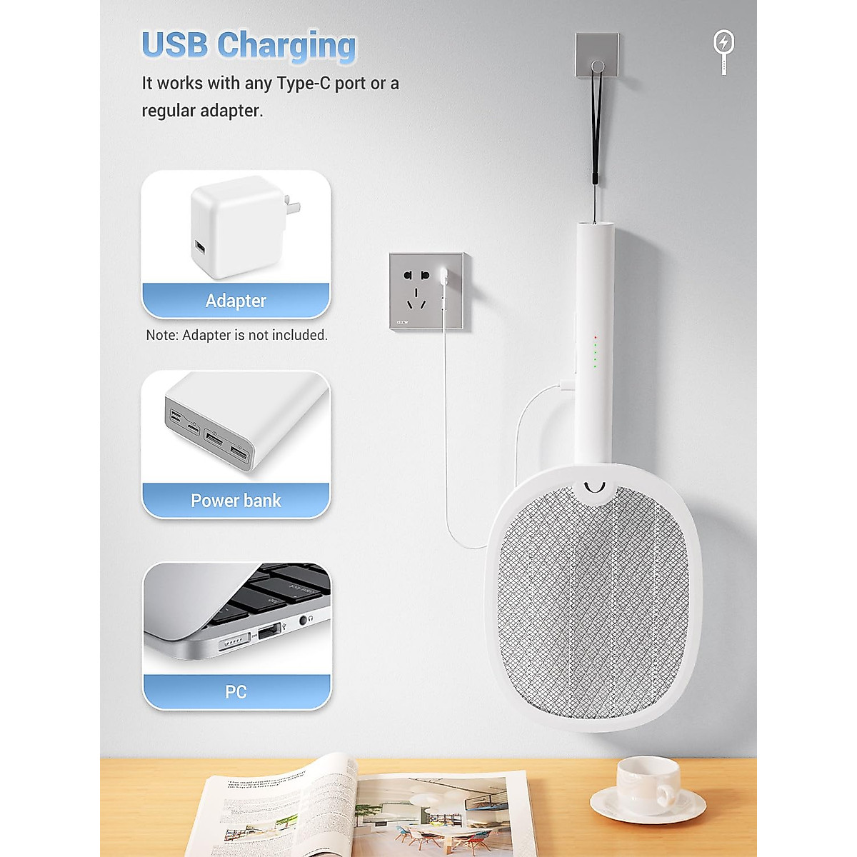 YISSVIC Electric Fly Swatter Foldable Bug Zapper Racket 2 in 1 Mosquito Killer with Purple Attractant Light Rechargeable 1800mAh for Indoor Home Backyard Patio Camping