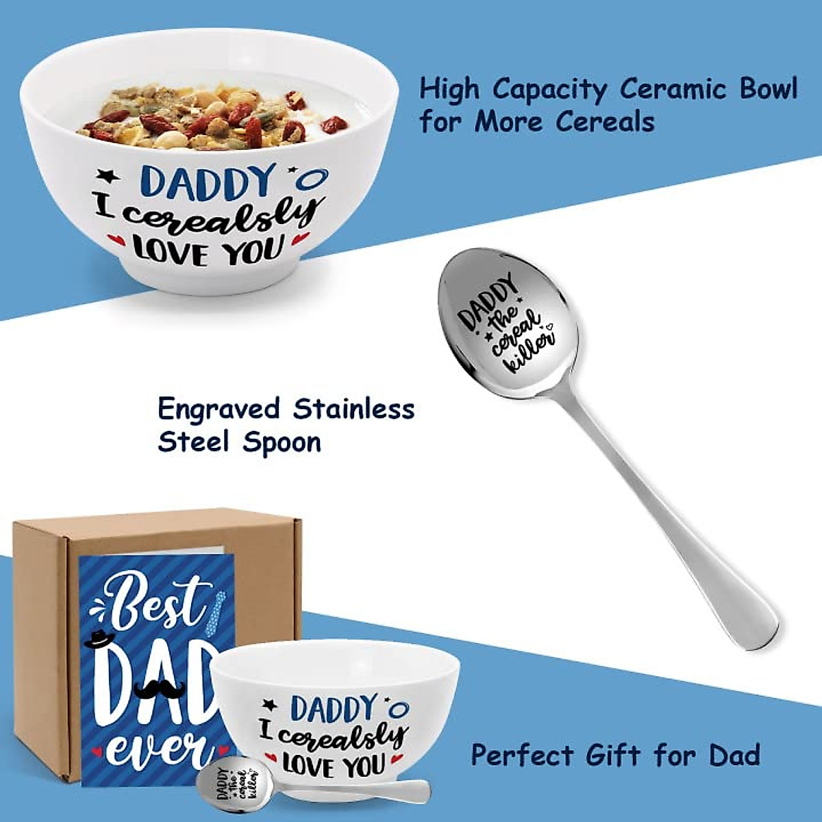 Father's Gift Dad Cereal Bowl and Cereal Killer Spoon Set with Best Dad Ever Greeting Card Set of 3 Birthday Engraved Box Basket Cerealsly Love You Daddy Christmas Present from Daughter Son Ice Cream