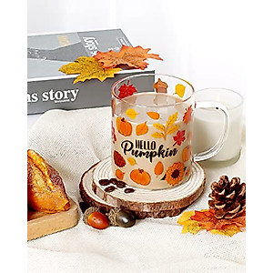 Nefelibata Fall Pumpkin Glass Mug 15 Oz Clear Cup With Handle, Large Espresso Iced Coffee Cup Hot Beverage Cappuccino Tea Drinking Glassware Autumn Decor for Coffee Bar Halloween Thanksgiving Gift