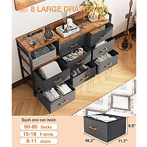 ODK Dresser with Charging Station, 52-Inch Long Dresser for Bedroom with 8 Storage Drawers, Fabric Dressers Chests of Drawers with Sturdy Steel Frame and Wooden Top, Vintage and Dark Grey