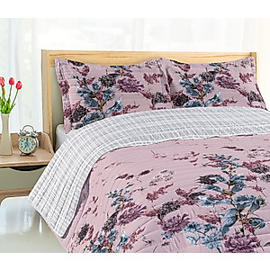 Ambesonne Vintage Floral Reversible Bedspread Set, Nostalgic Botanical Garden Artwork of Floral Blossoms and Branches, Pillow Shams & Comforter Microfiber Bedding Set, King Size, Grey Pink Cadet Blue
