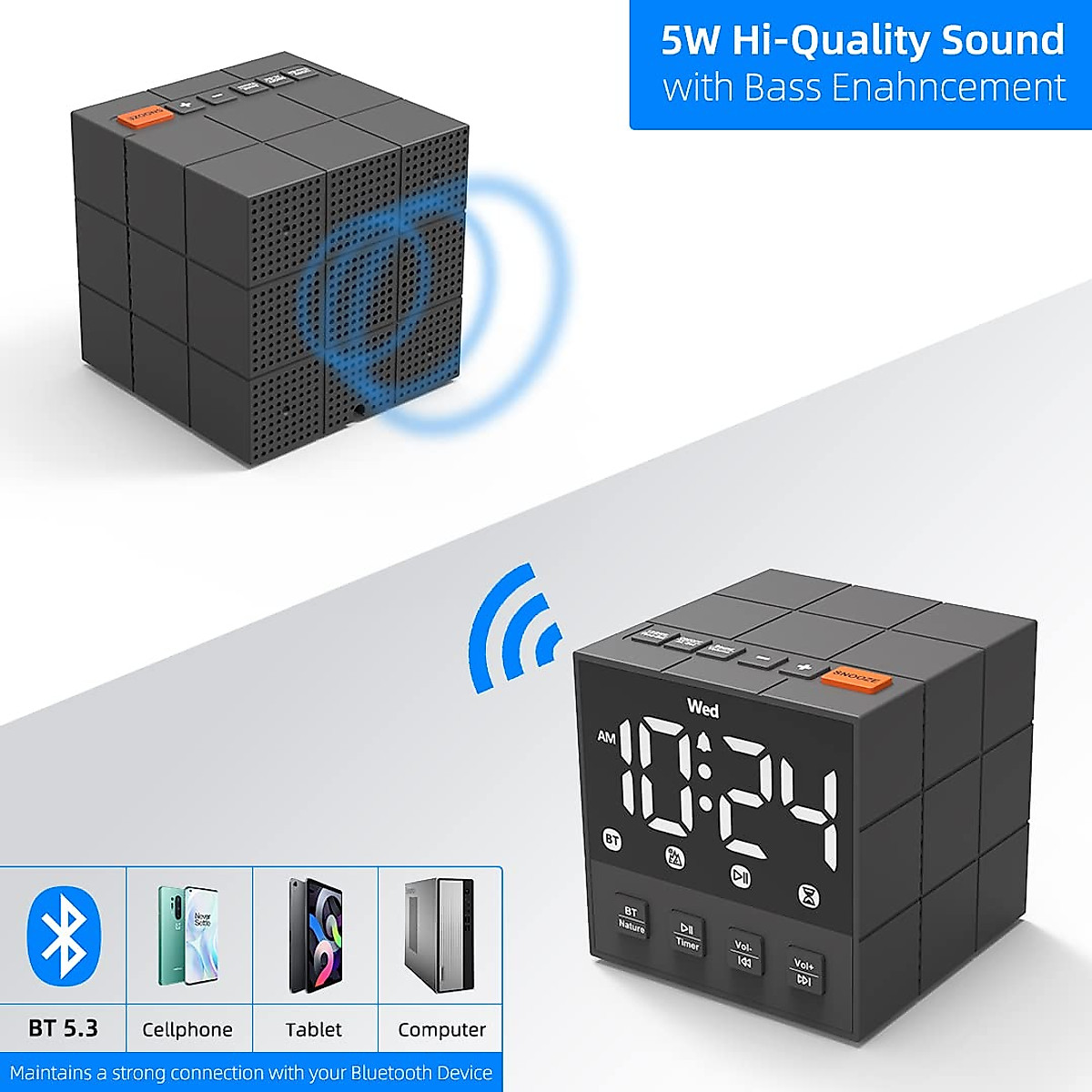 XKX Bluetooth Alarm Clock Speaker with 100dB Super Loud Alarm & 5W Hi-Fidelity Sound, Small LED Digital Clock for Bedroom, Great Gift Idea for Heavy Sleepers, Adults, Teens