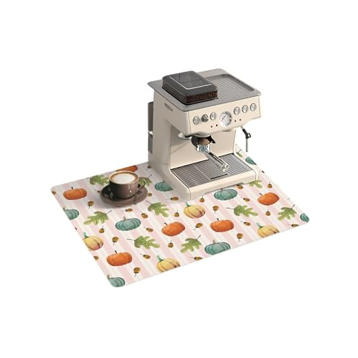 Coffee Mat for Counter, Watercolor Pumpkin Vegetable Pink Stripes Absorbent Hide Stain Coffee Bar Mat, Non-slip Coffee Bar Accessories Kitchen Drying Mat Fit Under Coffee Maker Espresso Machine
