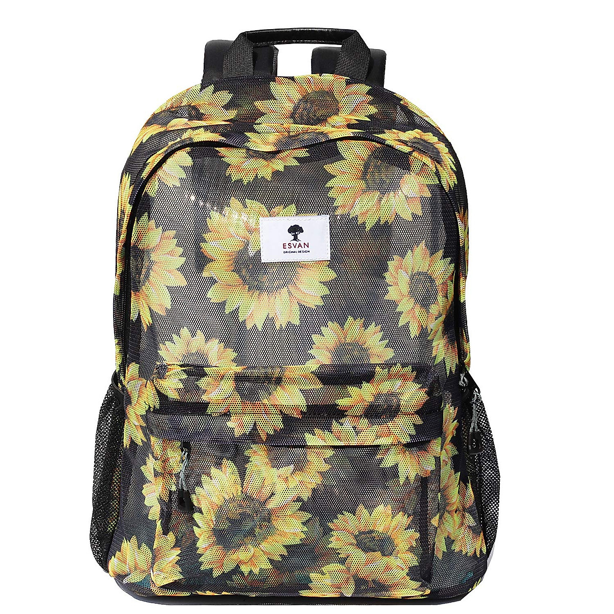 ESVAN Original Print Mesh Backpack Semi-Transparent Sackpack See Through Beach Bag Daypack Multi-Purpose Women Men Unisex (Sunflower)
