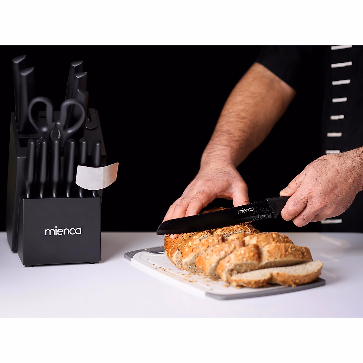 Kitchen Knife Set with Block and Sharpener 16 Pcs German Stainless Steel Knife Block Set with Cutting Board, Finger Protector for Cutting Food and Knife Sharpener Knives Set for Kitchen