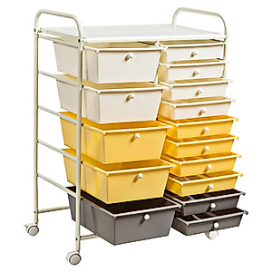 KOTEK 15-Drawer Rolling Storage Cart, Multipurpose Mobile Utility Cart with 4 Wheels, Home Office School Tools Scrapbook Paper Organizer (Yellow)