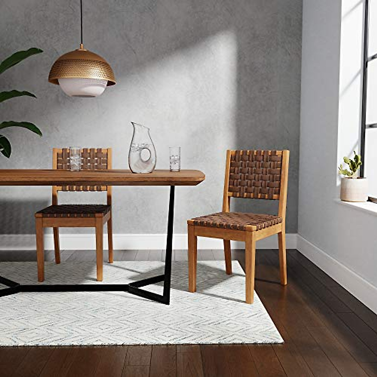 Amazon Brand – Rivet Faux Leather Woven Dining Chair with Wood Frame, Set of 2, 18"W, Brown