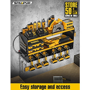 Spampur Power Tool Organizer Wall Mount with Charging Station, Garage Tool Shelf 6 Drill Holders, Tool Battery Holder with Screwdriver Heavy Duty Rack, Tool Storage Rack with 4 Outlet Power Strip
