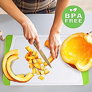Neoflam 2pc Antibacterial Plastic Cutting Board Microban Protection, Stain & Odor, Extra Large, BPA Free, Juice Groove, Non Slip, Dishwasher Safe, Easy Grip Handle, Set, White Green