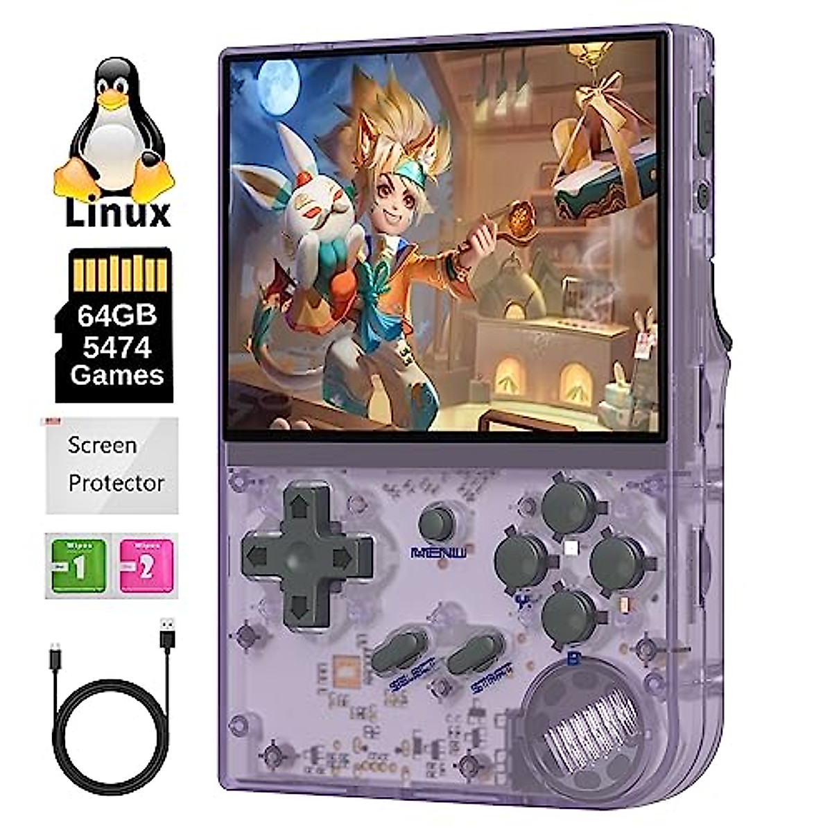 RG35XX Handheld Game Console Linux Garlic OS, HDMI and TV Output 3.5 Inch IPS Screen 64G TF Card 6800+ Classic Games 2600mAh Battery ( (RG35XX-Transparent Purple Latest)