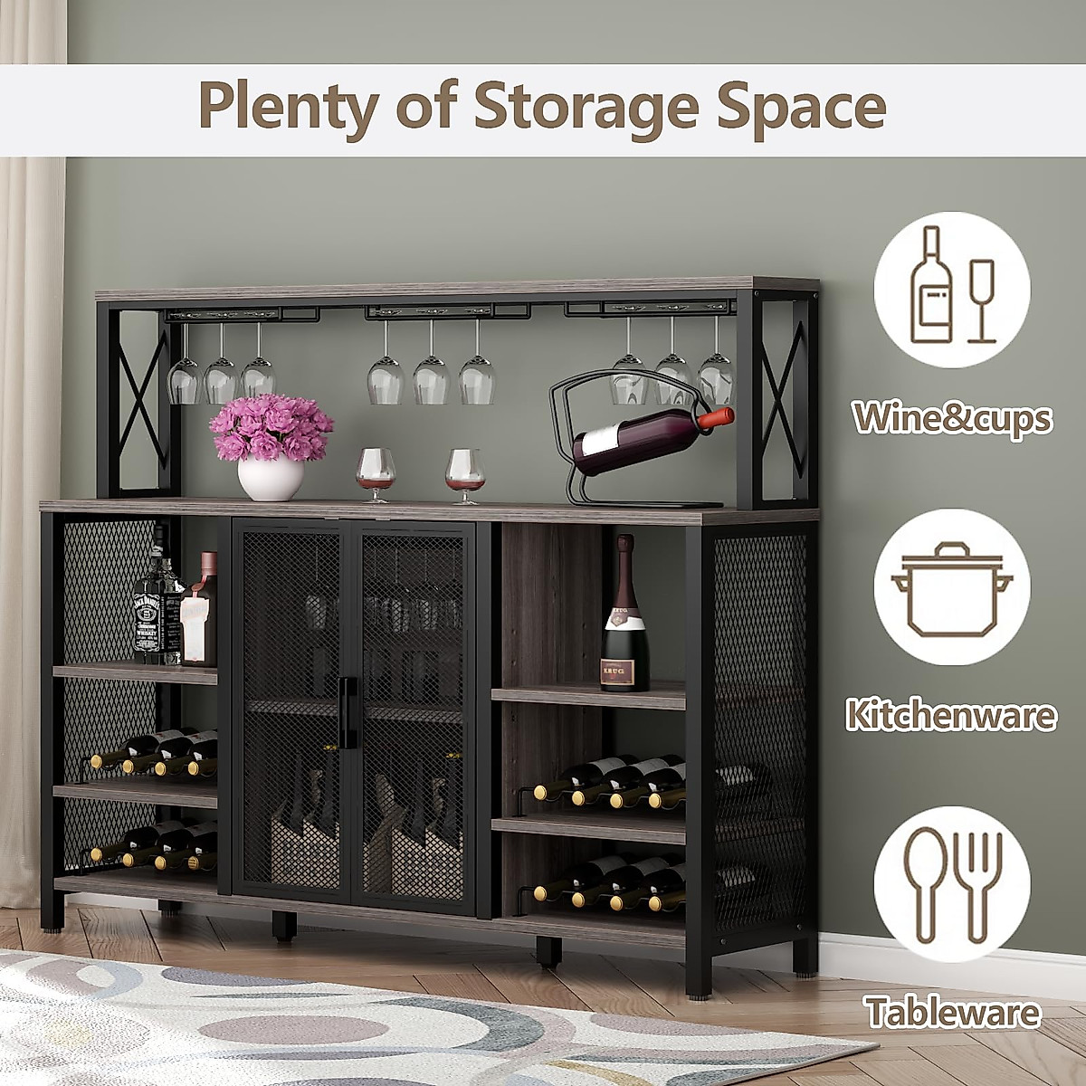 Gyfimoie Wine Bar Cabinet, 55 Inches Industry Coffee Bar Cabinet with Wine Rack and Glass Holder, Kitchen Sideboard Buffet Cabinet with Wine Rack Storage for Liquor and Glasses (Rustic Grey)