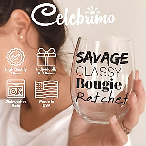 Celebrimo Savage Classy Bougie Ratchet Funny Stemless Wine Glass - Christmas Gifts For Friends & Sister - Funny Best Friend White Elephant Gifts For Women