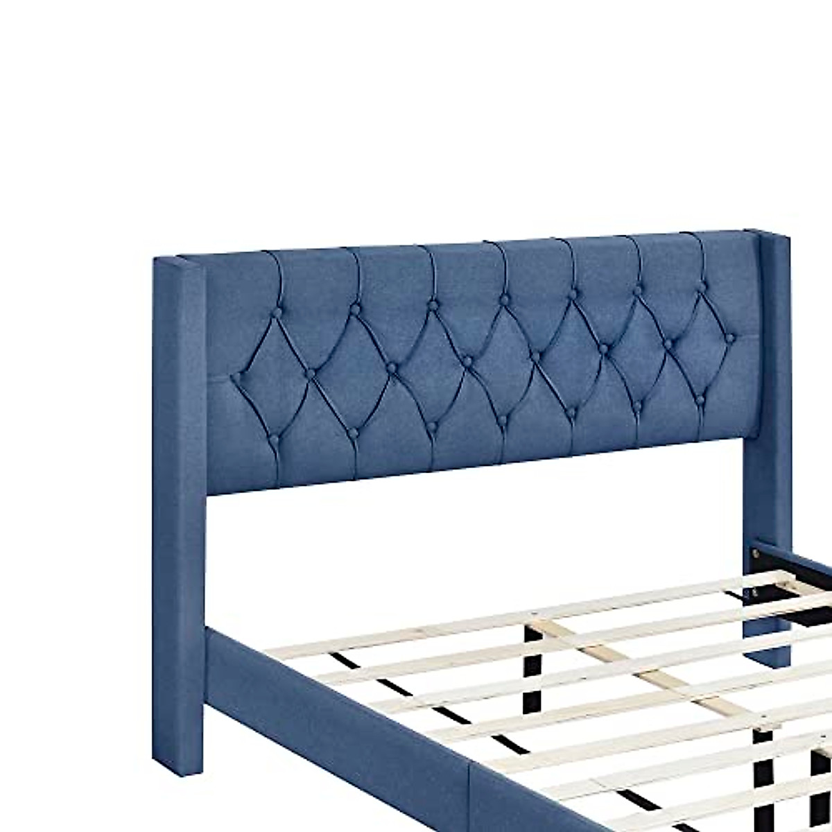 Lifeand Full Size Upholstered Platform Bed with Rubber Wood Legs,No Box Spring Needed, Linen Fabric,Blue