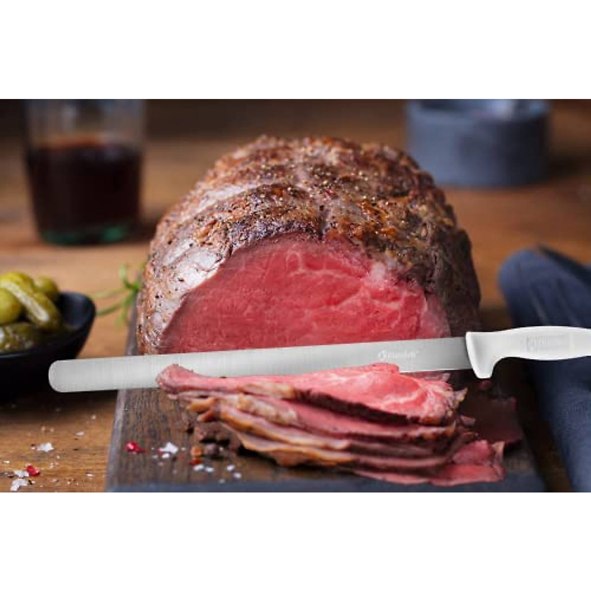 Bleteleh Extra-Long 15-inch Blade Slicing Roasting Knife, Straight Blade, White Handle