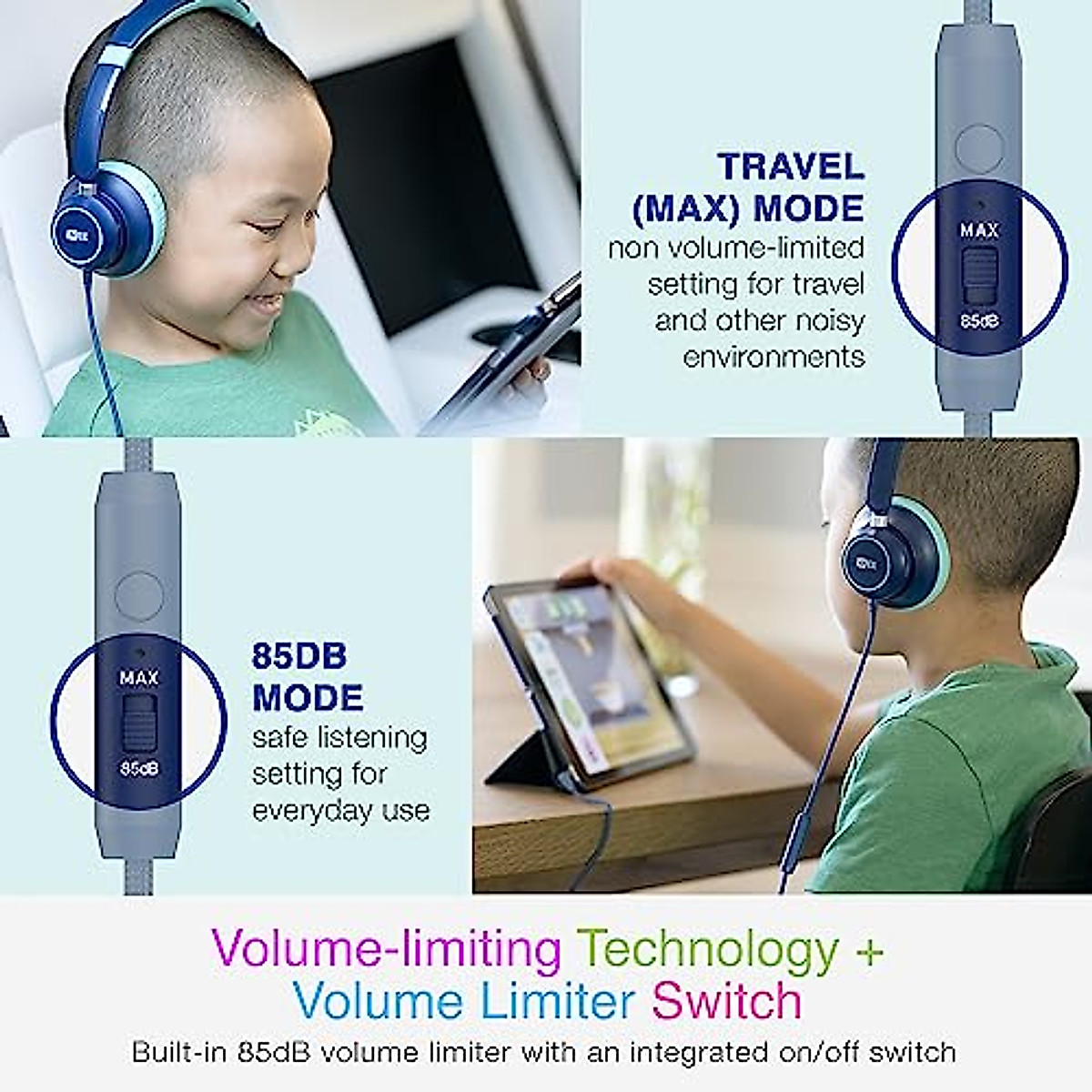 MEE audio KidJamz KJ45 Children’s Safe Listening Headphones with Volume Limiter & Microphone, Adjustable On-Ear Kids Headset Wired with 3.5mm Jack for Online Learning/School/Travel/Tablet (Blue/Teal)