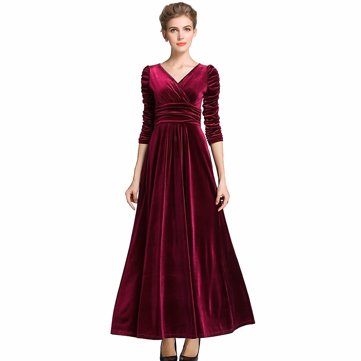MedeShe Women's Christmas Long Velvet Maxi Dress (14/16, Burgundy Ruched Waist)