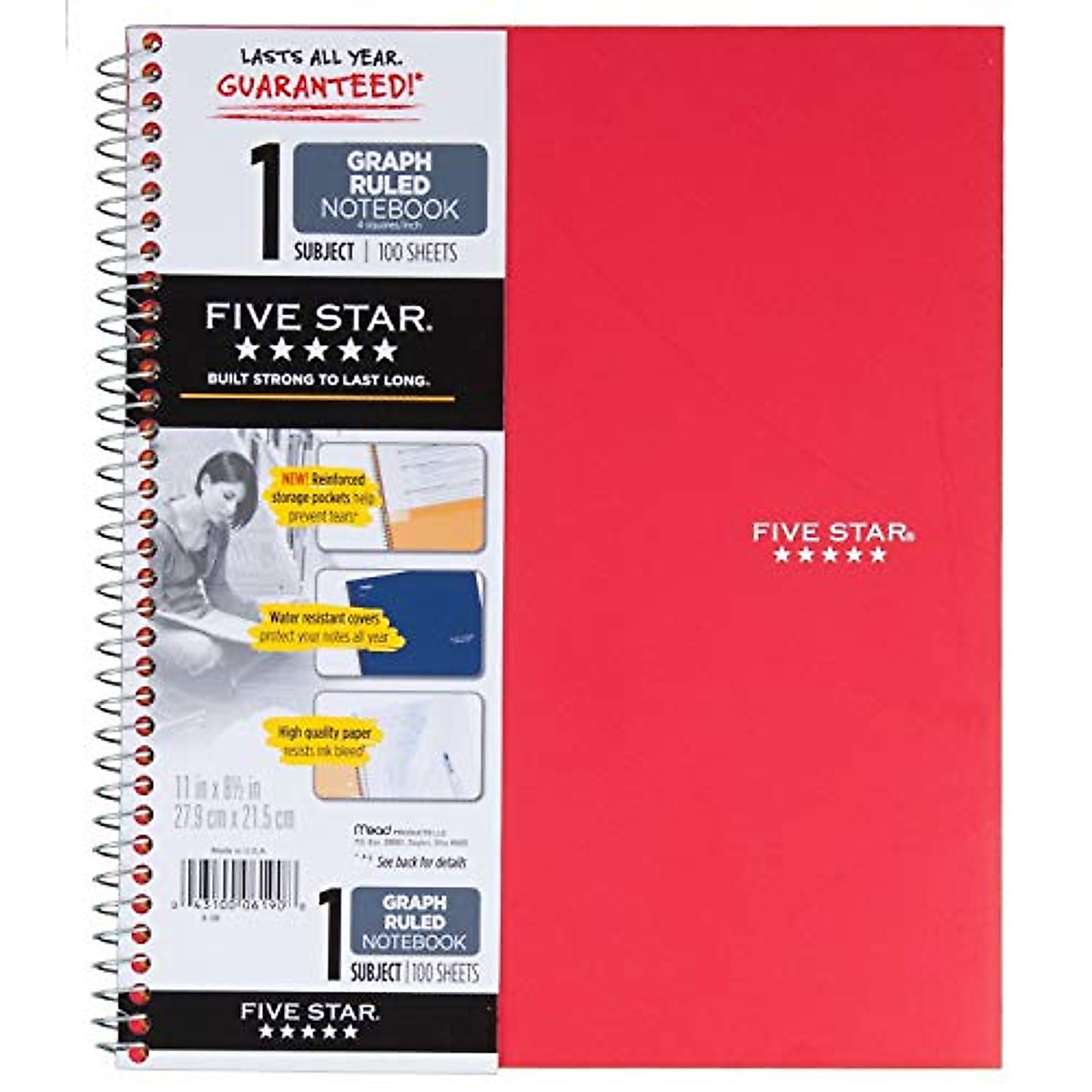 Five Star 06190 11" X 8-1/2" Graph Ruled 1 Subject Notebook Assorted Colors (Pack of 2)