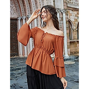 Womens Peplum Tops Boho Renaissance Shirt Bell Sleeve Peasant Blouse Dressy Casual Summer Top Orange 2XL