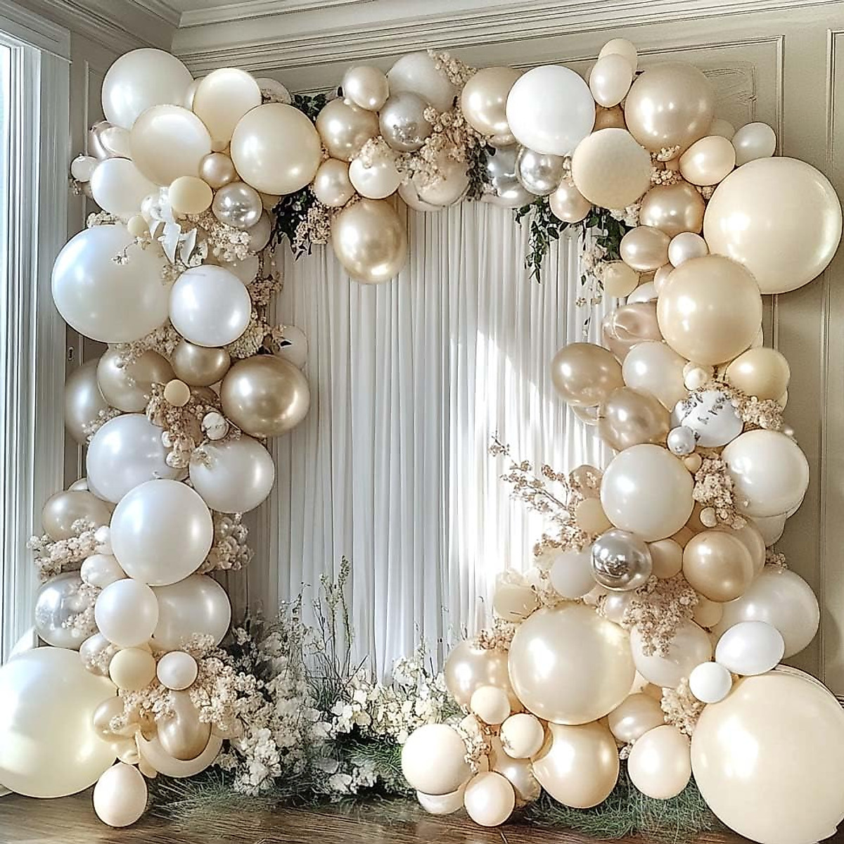White Balloon Arch Pearl White Balloons Off White Gold Balloon Arch Kit Pearl White Sand Balloons Different Size For Wedding Bridal Anniversary Engagement Prom Party Decorations (WHITE GOLD)