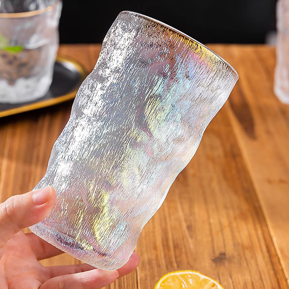 WANZPITS Drinking Glasses Set of 6, 13.8 OZ Glacier Pattern Colorful Glass Water Cups Frosted Clear Texture Household Coffee Beverages Juice Beer Cocktails Whiskey Cup, for Home Office Bar,Clean long