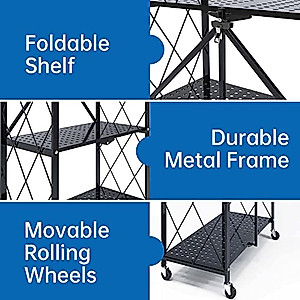 Wellynap 3-Tier Foldable Standing Shelf, Metal Rack Storage Shelving Units with Rolling Wheels, Moving Easily Organizer Shelves Great for Garage Kitchen, Black