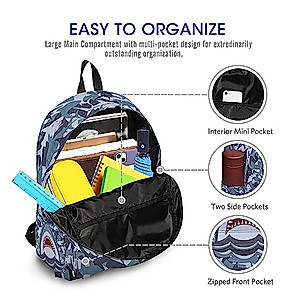 Lightweight Shark Boys School Backpack, Classic Bassic Bookbag for Middle School Students, Cute Shark Patterned Casual Daypack for College, Travel, Work with 15-Inch Laptop Compartment, 17 IN-Grey