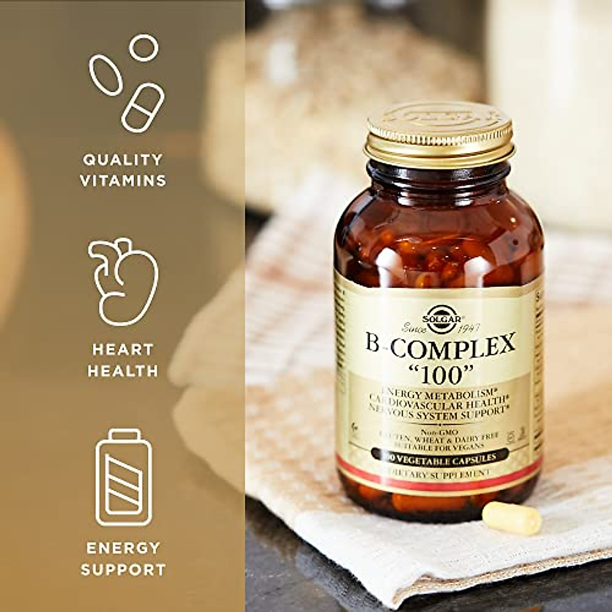 Solgar B-Complex "100" - 100 Vegetable Capsules, Pack of 2 - Energy Metabolism, Cardiovascular Health, Nervous System Support - Non-GMO, Vegan, Gluten Free - 200 Total Servings