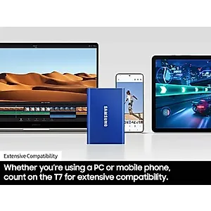 SAMSUNG T7 Portable SSD, 2TB External Solid State Drive, Speeds Up to 1,050MB/s, USB 3.2 Gen 2, Reliable Storage for Gaming, Students, Professionals, MU-PC2T0H/AM, Blue