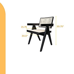 First of a Kind Rattan Cane Dining Chair - Mid-Century Modern Chairs with Mesh Back - Comfy Side Chair with Arms for Dining Room – Farmhouse Wooden Frame Accent Chair for Kitchen - Black